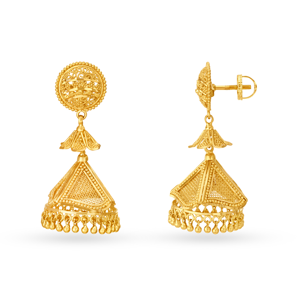 Buy Regal 22 Karat Yellow Gold Textured 3D Triangle Jhumkas at Best ...