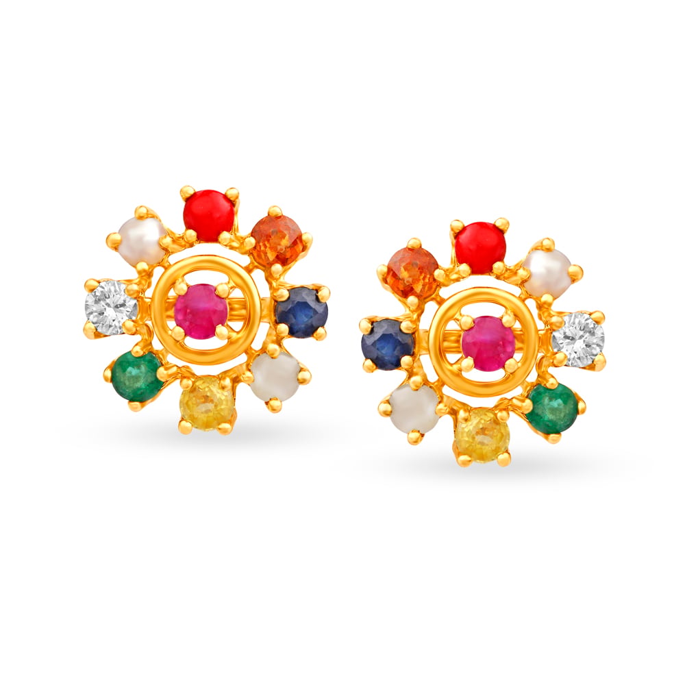 Buy Tantalizing 18 Karat Yellow Gold Wheeled Multi Stone Stud Earrings ...