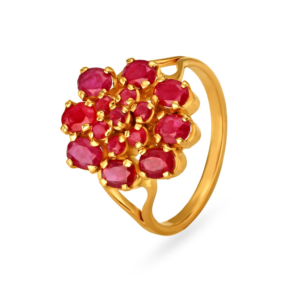 Buy Luxurious 22 Karat Yellow Gold And Ruby Floral Cluster Ring at Best ...