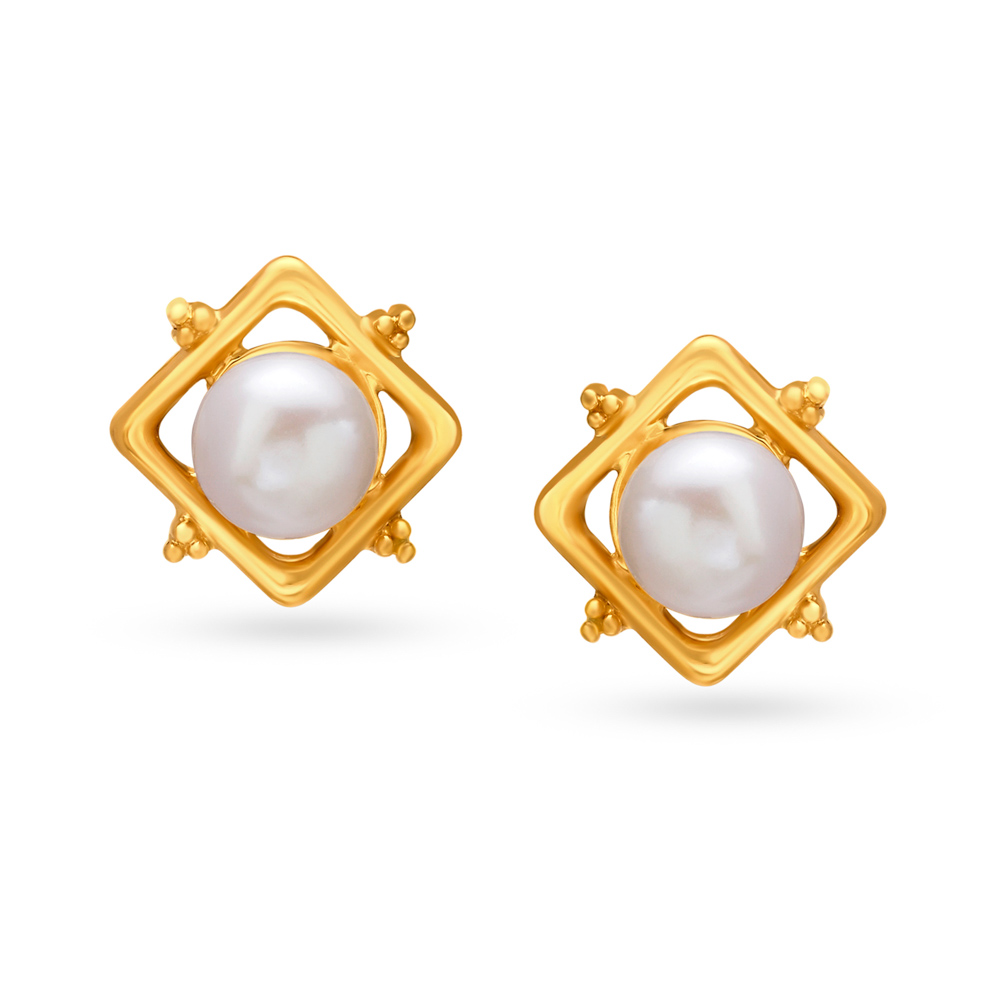 Buy Splendid 18 Karat Yellow Gold And Pearl Square Studs at Best Price ...