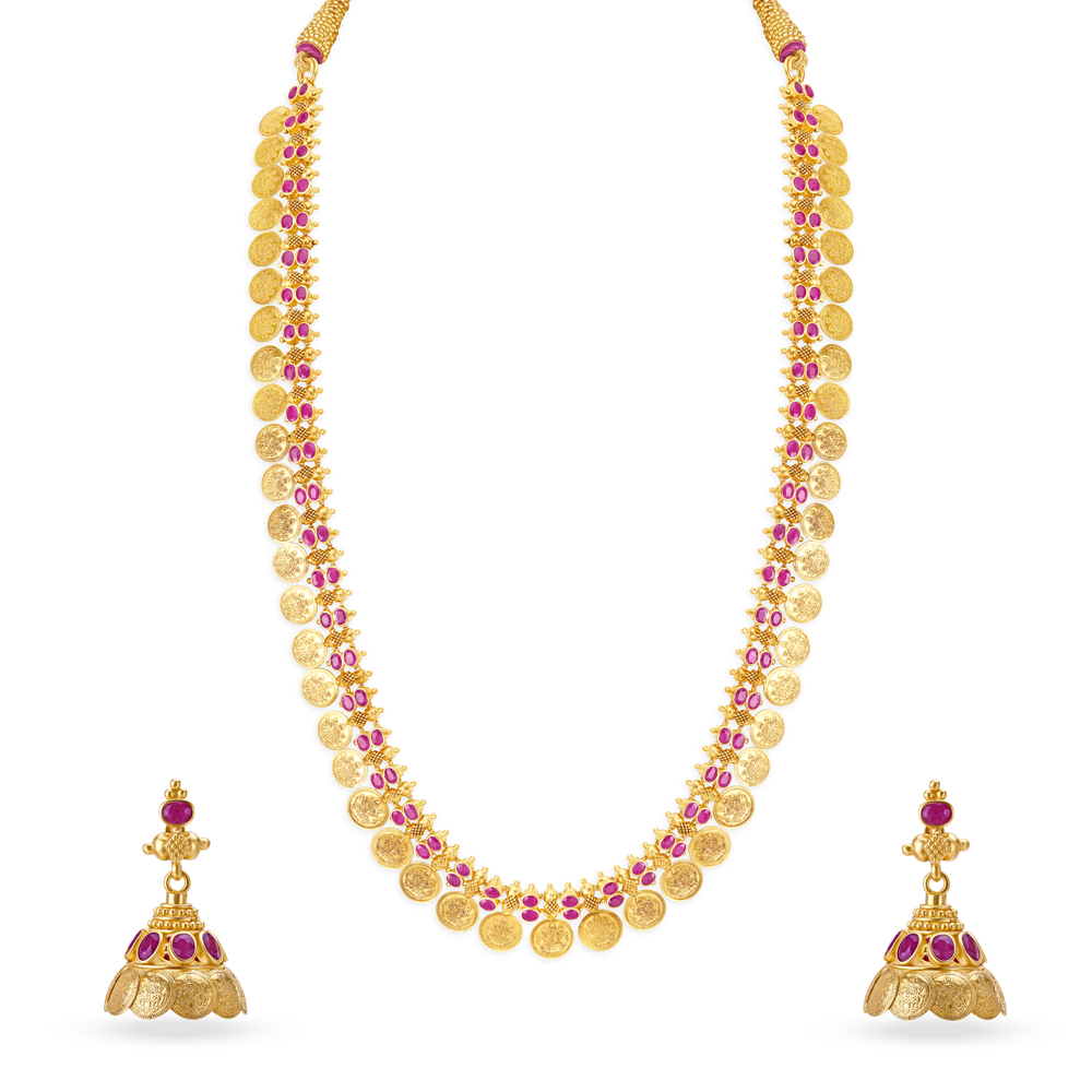 Buy Radiant Ruby and Gold Kasu Necklace Set at Best Price | Tanishq US
